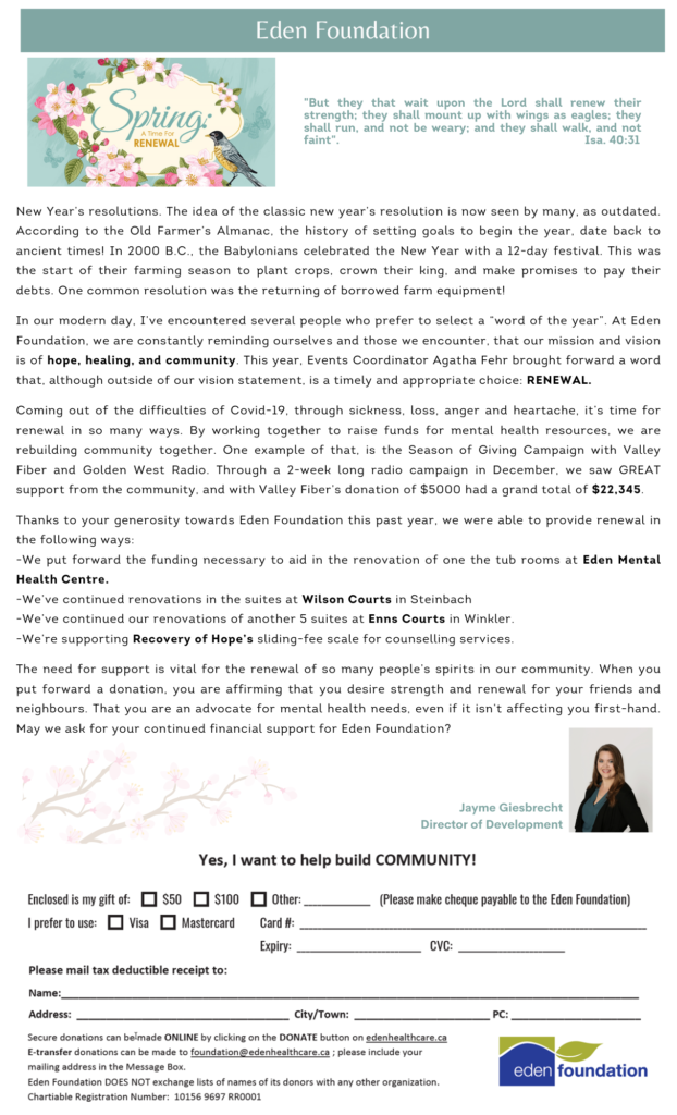 Spring Update and Donor Letter - Eden Health Care Services